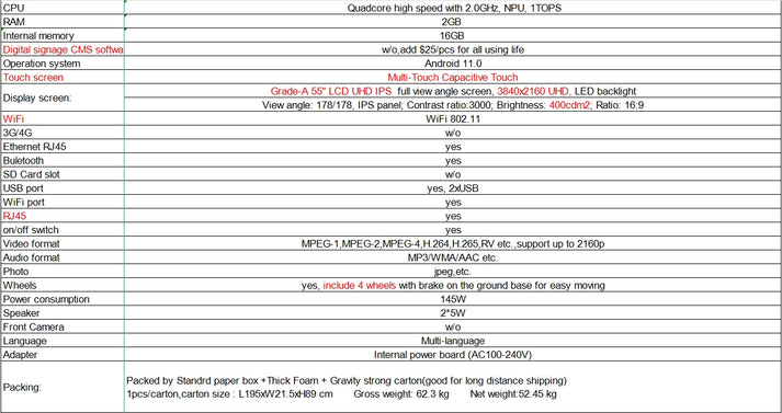 55 Inch Floor Stand LCD Display Touch Screen Indoor Android Advertisin ...